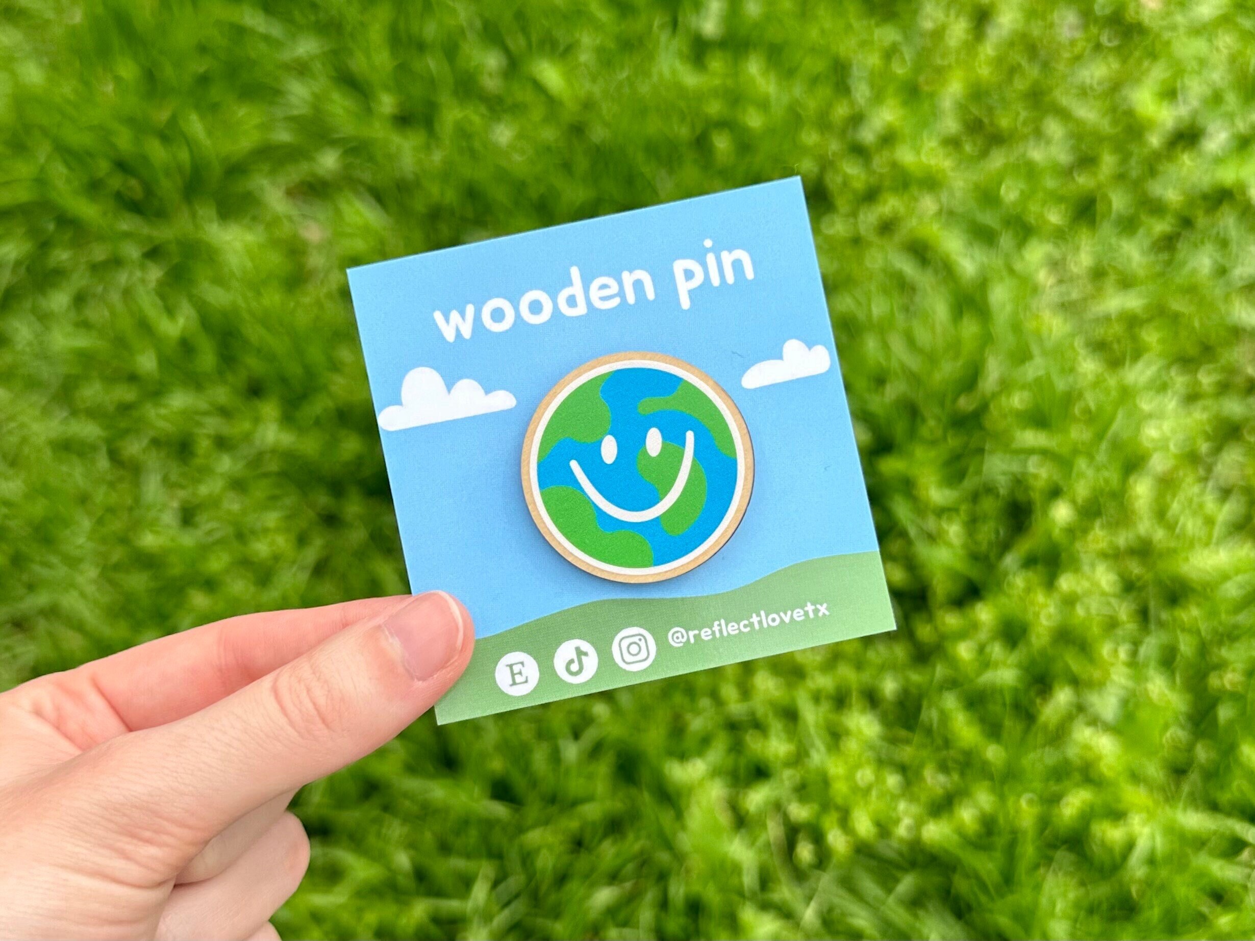 Smiley Face Earth Pin, Wooden Earth Day Clutch Pin, 1.5 Inch Planet ...