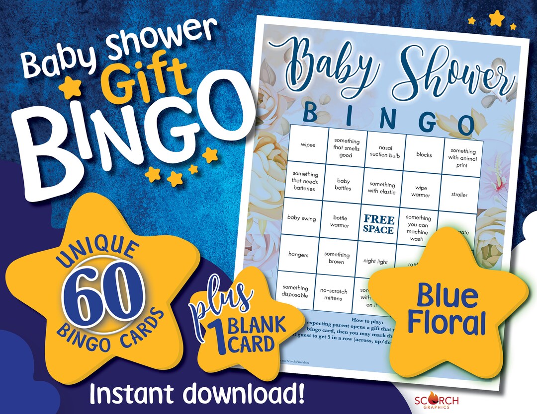 Blue Floral Roses, Baby Shower Bingo Game Cards; 60 Pre-filled, 1 ...