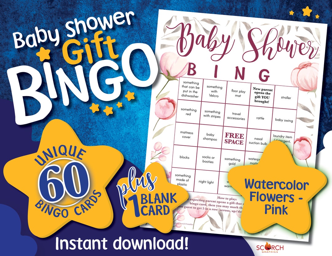 Watercolor Flowers Pink Tulips - Baby Shower Bingo Game Cards; 60 Pre ...