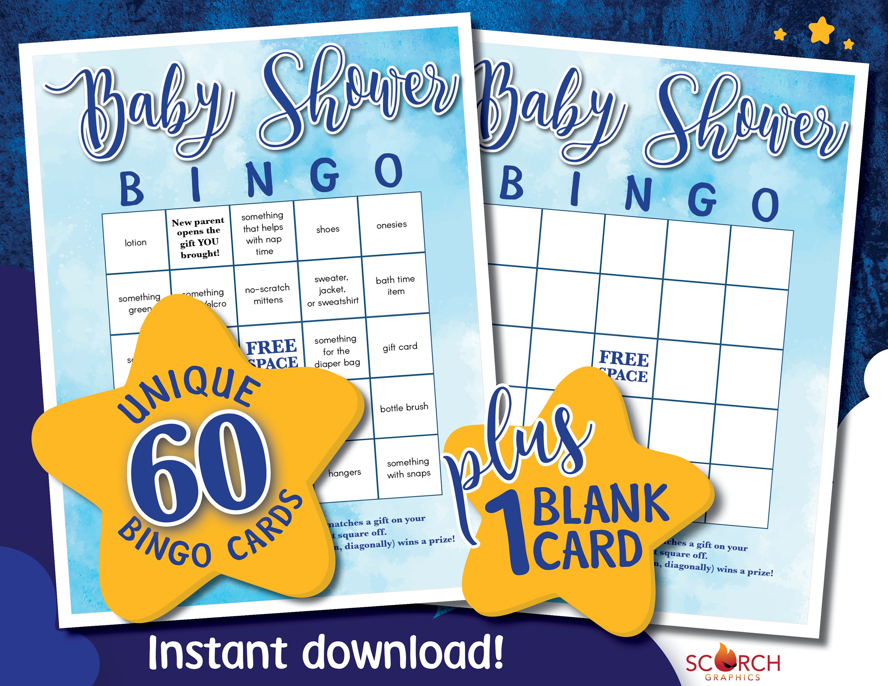 Blue Watercolor Baby Shower Bingo Game Cards; 60 Pre-filled, 1 ...
