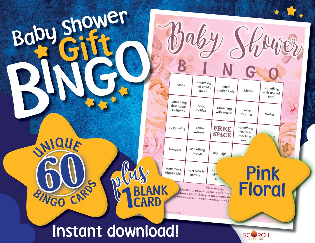Pink Floral Roses, Baby Shower Bingo Game Cards; 60 Pre-filled, 1 ...