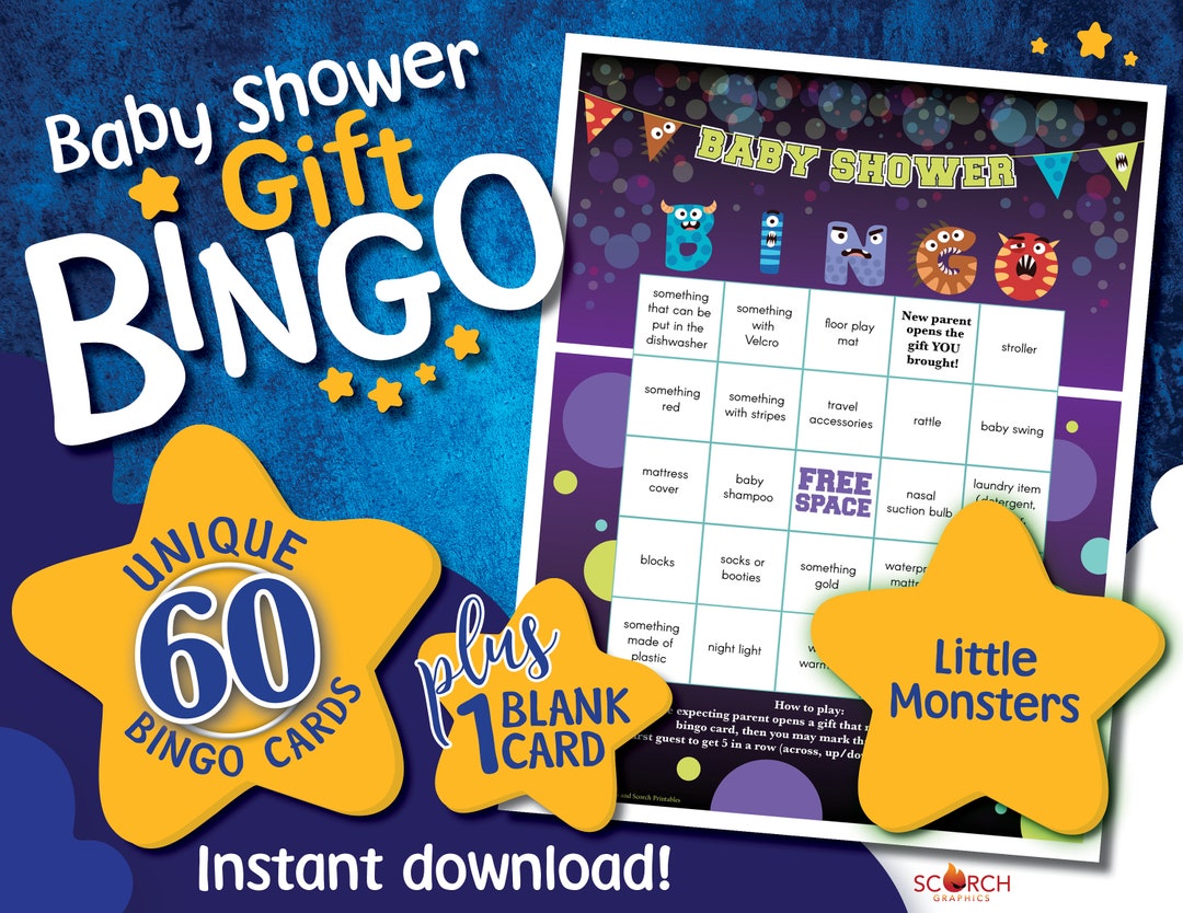 Little Monsters Baby Shower Bingo Game Cards, 60 Pre-filled ...