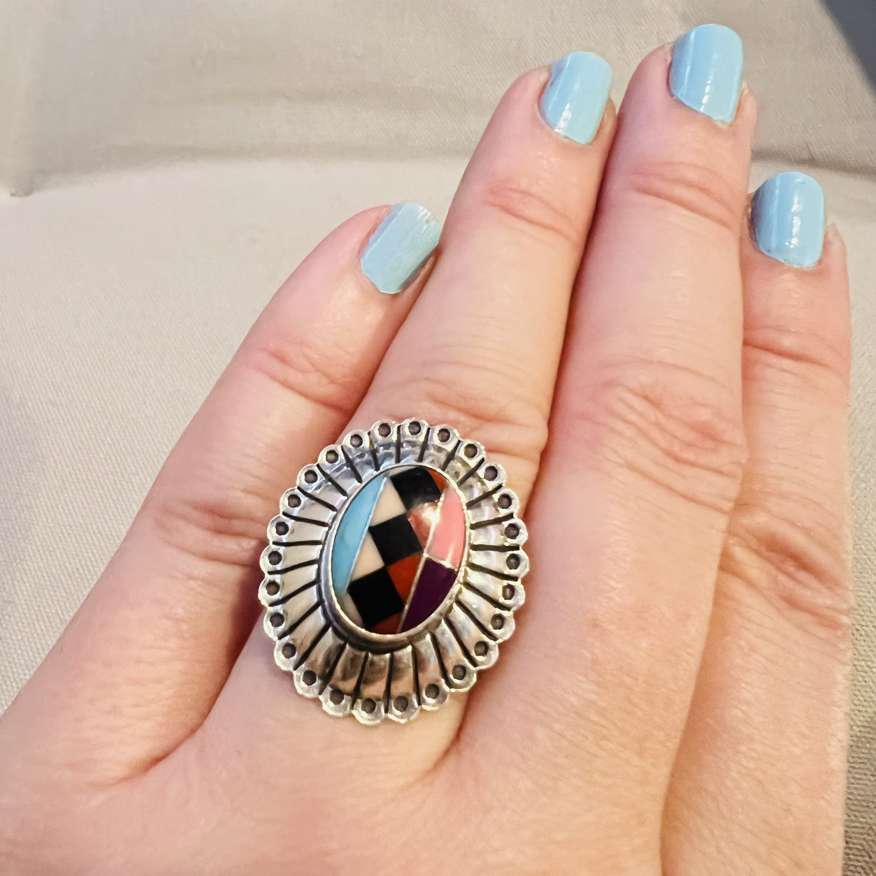 Quoc Turquoise Inlaid QT Sterling Silver Ring Size 7 - Etsy