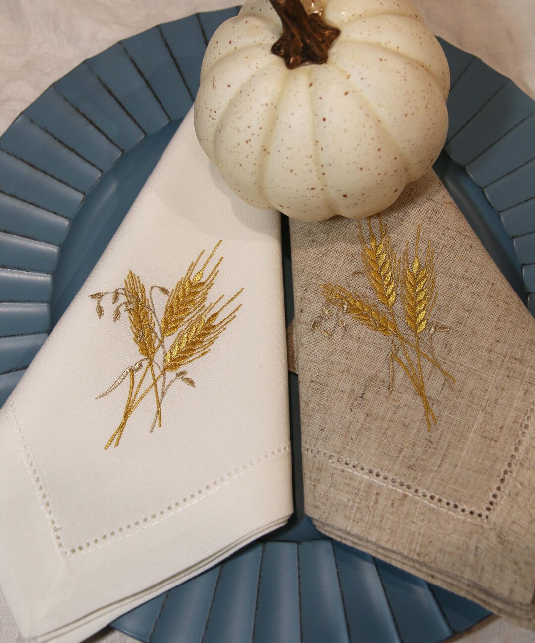 Botanical Wheat Embroidered Napkins - Thanksgiving Decor, Nature ...