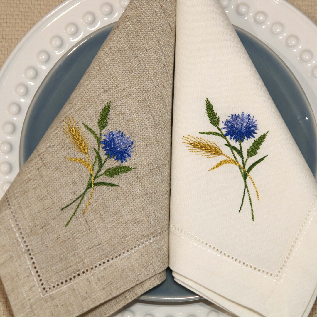 Handcrafted Cornflower Napkins With Wildflower Embroidery for Botanical ...