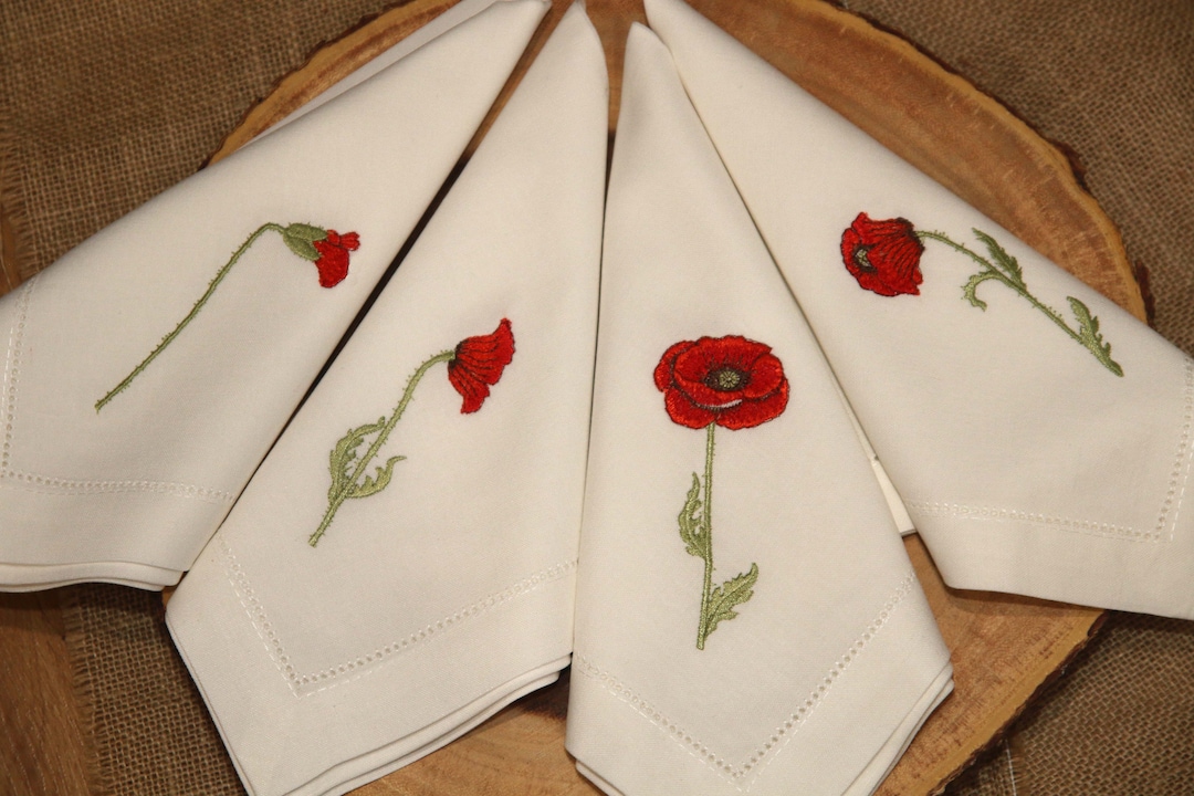 Poppy Embroidered Napkins, Botanical Embroidery, Embroidered Napkins ...