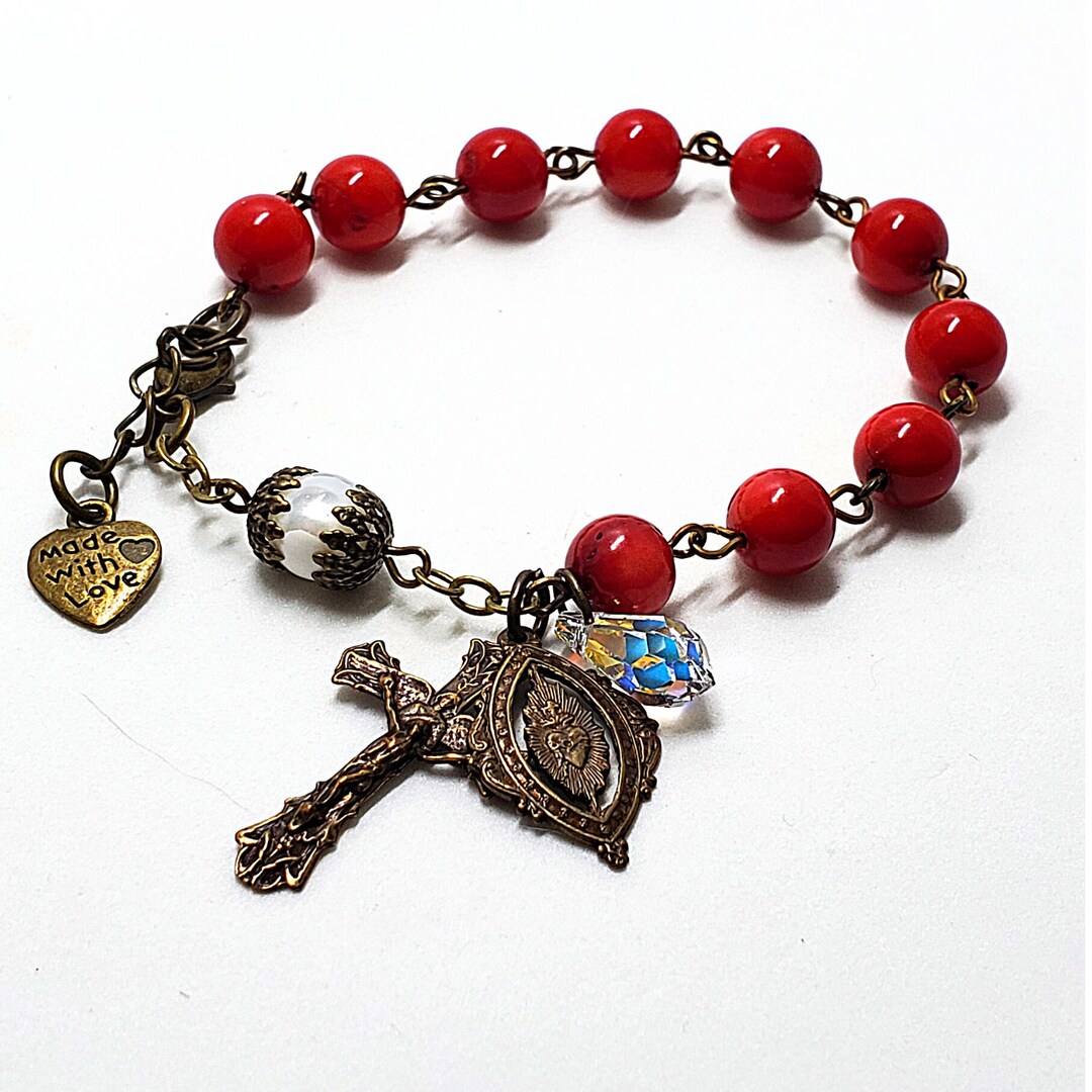 Sacred Heart Red Bamboo Coral Rosary Bracelet Guardian Angel Crucifix ...