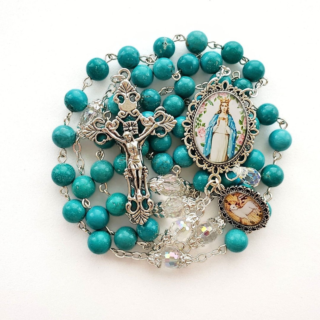 Our Lady of Knock Green Turquoise Irish Rosary | Agnus Dei Medal - Etsy