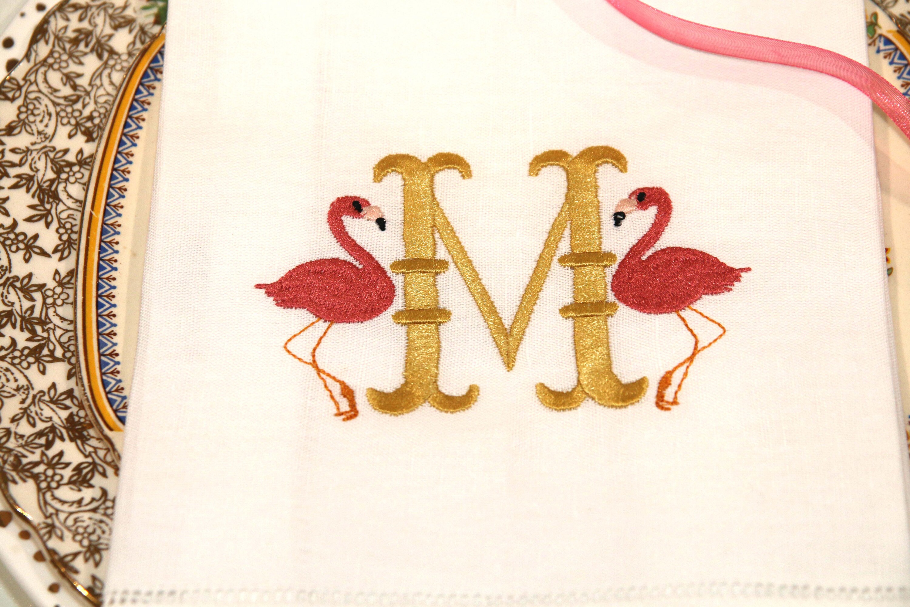 Monogrammed Pink Flamingo Napkins, Monogram Bird Embroidery ...