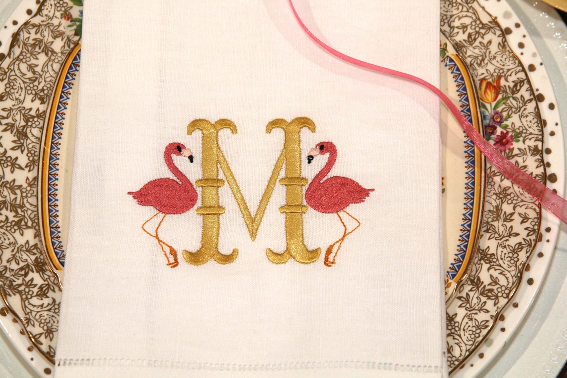Monogrammed Pink Flamingo Napkins, Monogram Bird Embroidery ...