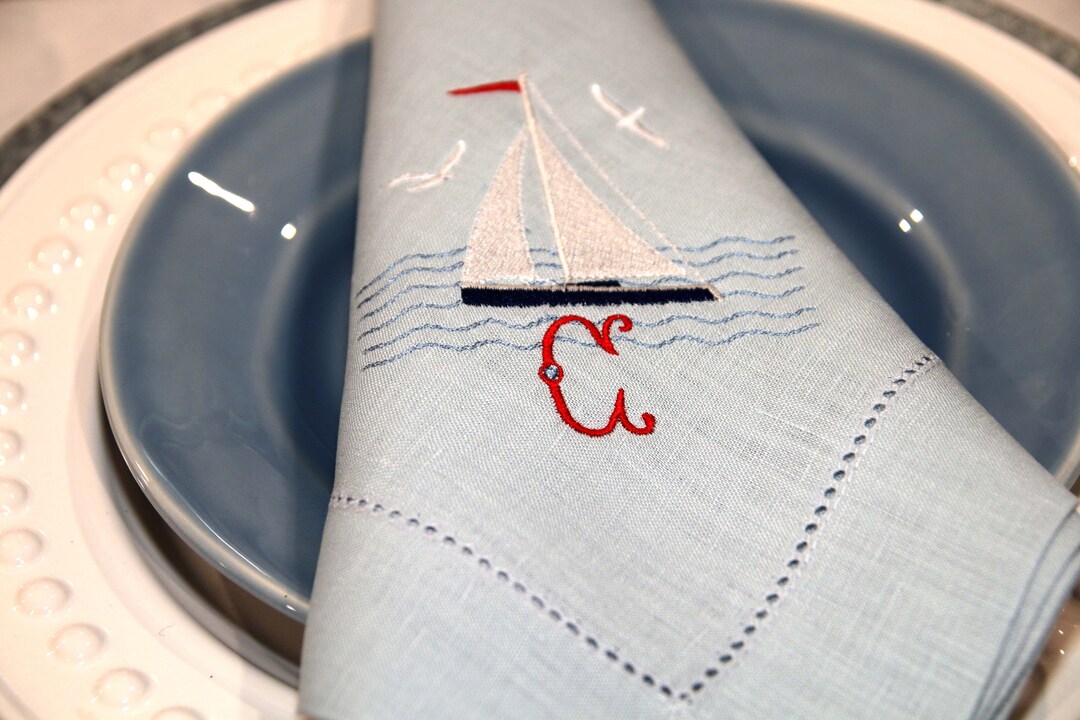 Sailboat Monogrammed Napkins, Reusable Napkins, Embroidered Napkin ...