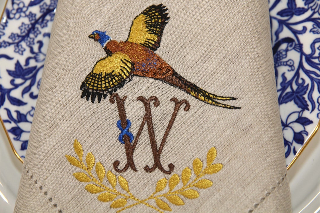 Monogrammed Pheasant Napkins W Hemstitch, Pheasant Embroidery, Nature ...