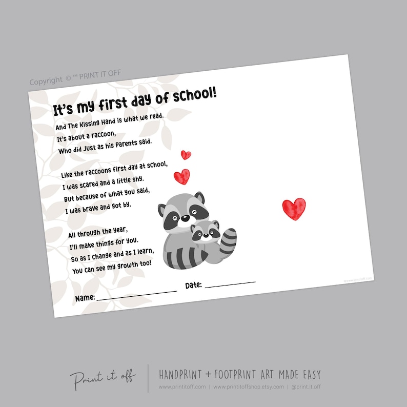 1st First Day School the Kissing Hand Raccoon / Kindergarten Pre-k ...