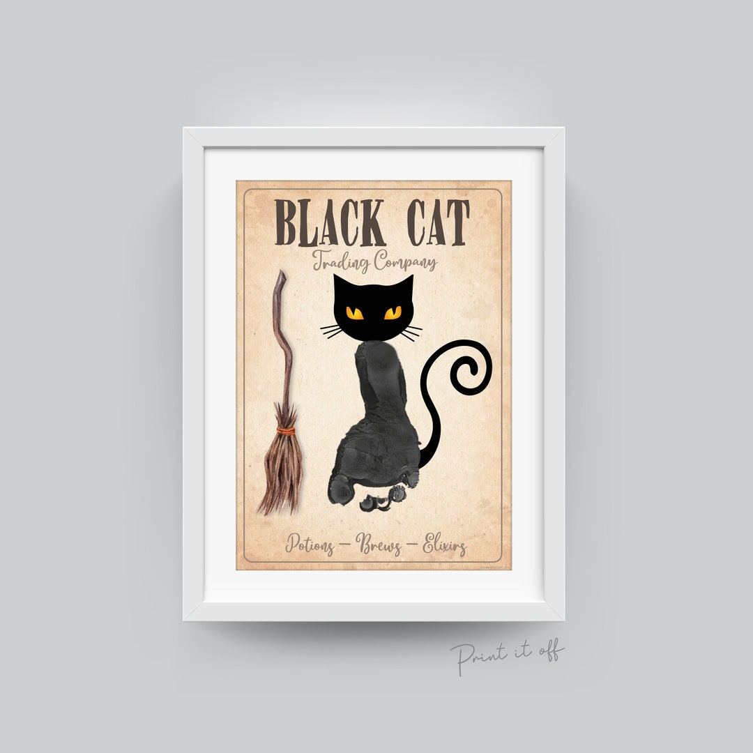 Black Cat Halloween Footprint Art Craft / Witch Broom Sign / Kids ...