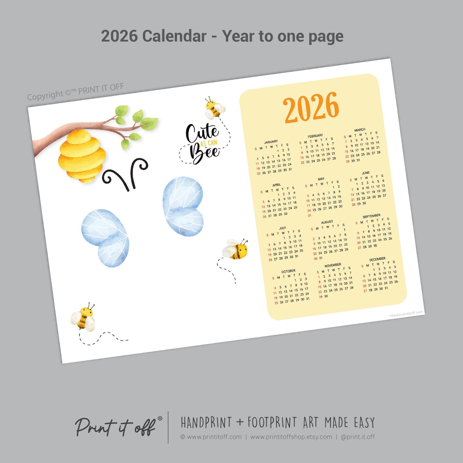 2026 Cute as Can Bee Calendar Year Yearly / Handprint Footprint Art ...
