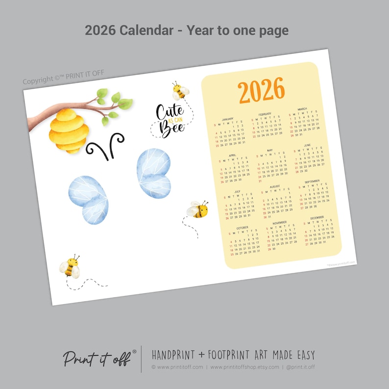 2026 Cute as Can Bee Calendar Year Yearly / Handprint Footprint Art ...