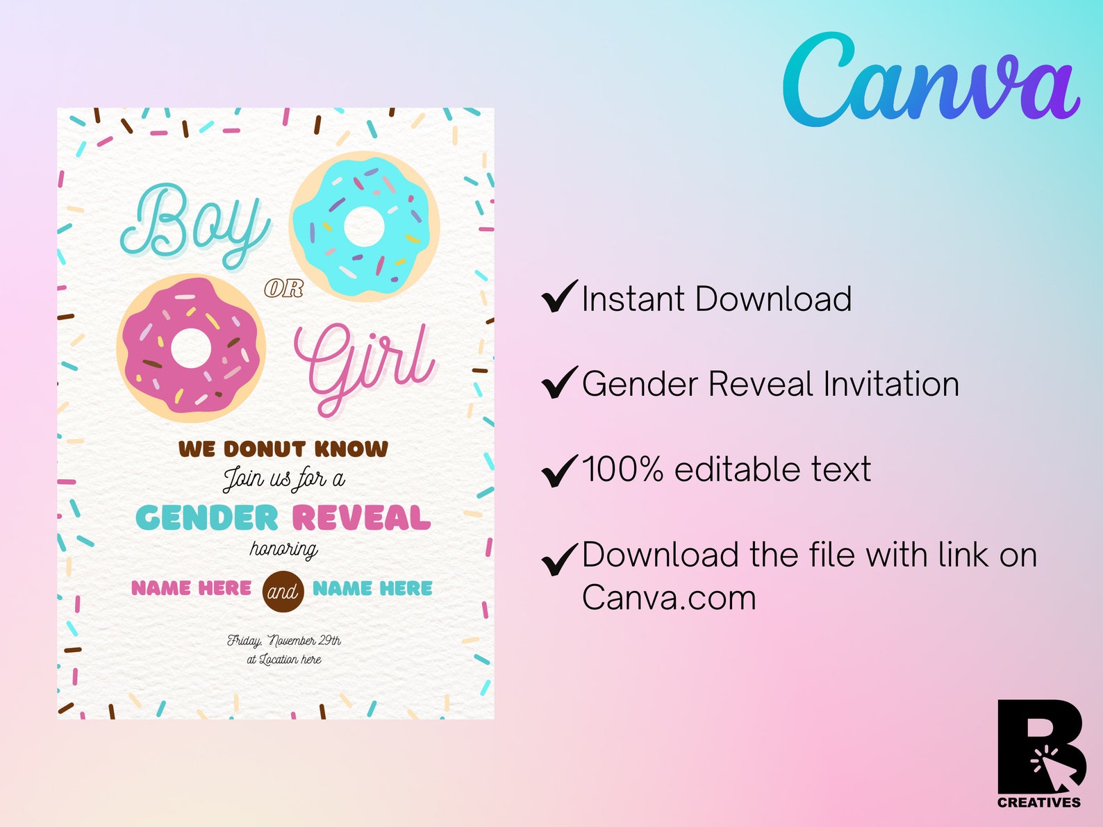 Editable Gender Reveal Invitation, Donut Theme Gender Reveal Party ...
