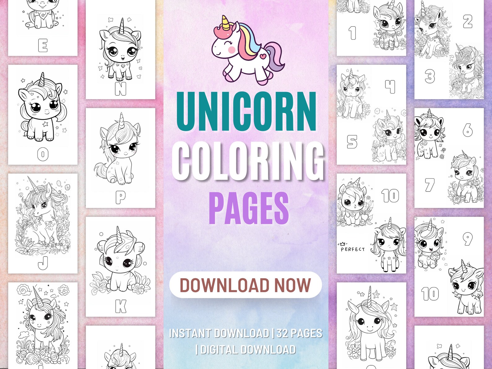 Cute Unicorn Coloring Pages With Alphabet A to Z and 0 to 10 Numbers ...