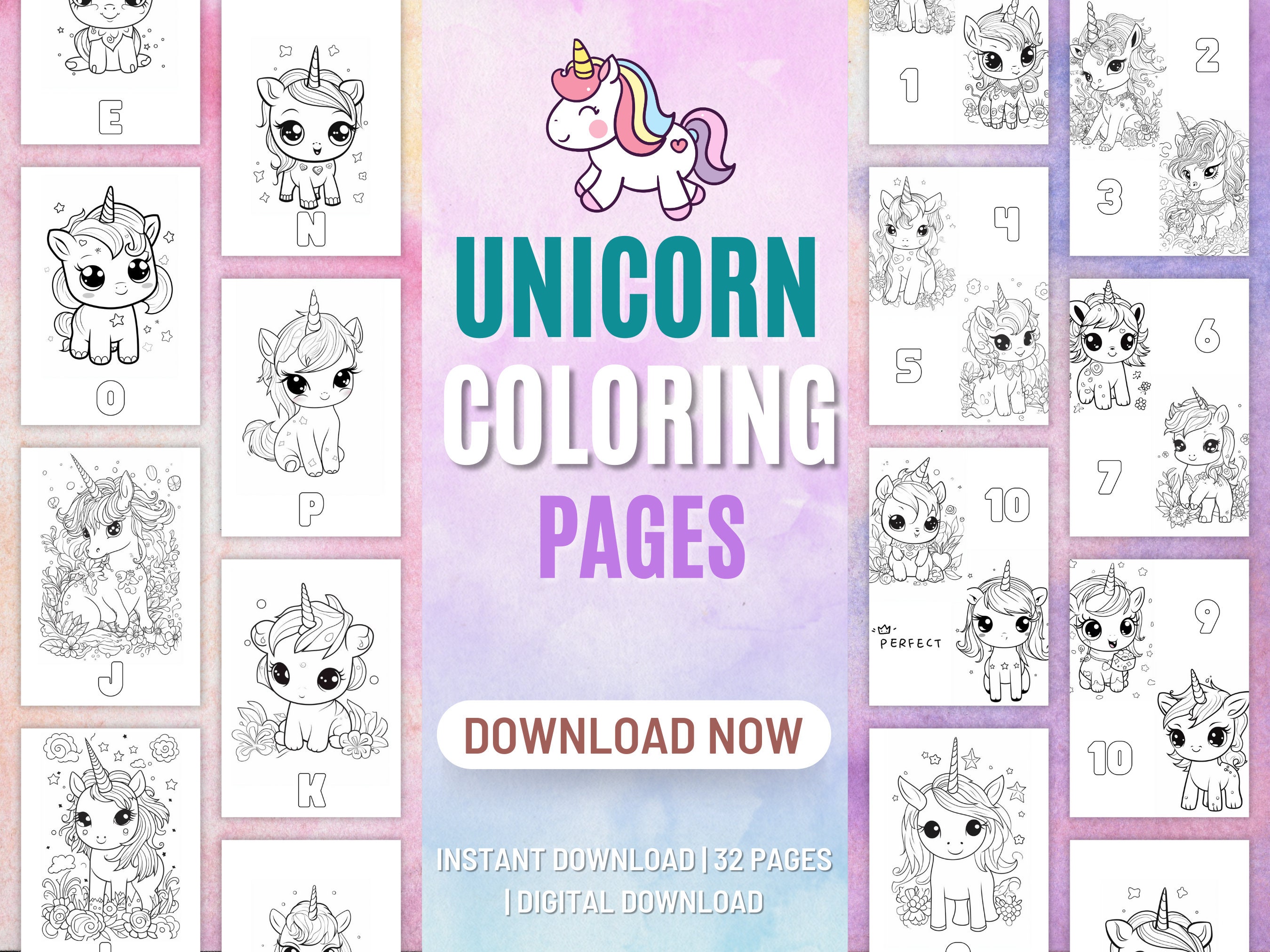 Cute Unicorn Coloring Pages With Alphabet A to Z and 0 to 10 Numbers ...