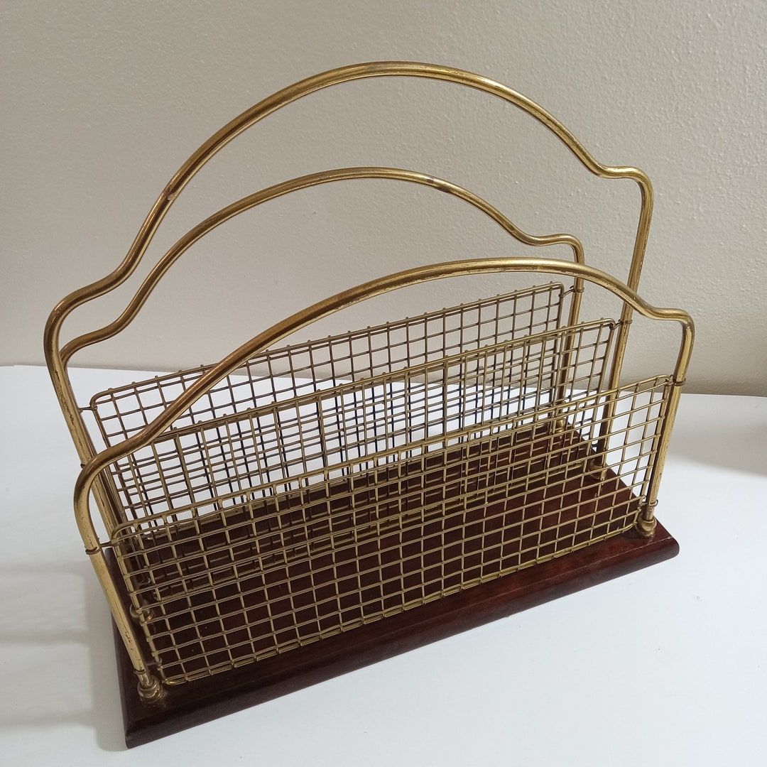 Vintage England Hollywood Regency Brass Wood Wire Mesh Magazine Rack ...