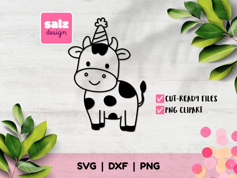 Cute Cartoon Cow With Birthday Party Hat SVG, DXF Cut File, PNG Clipart ...