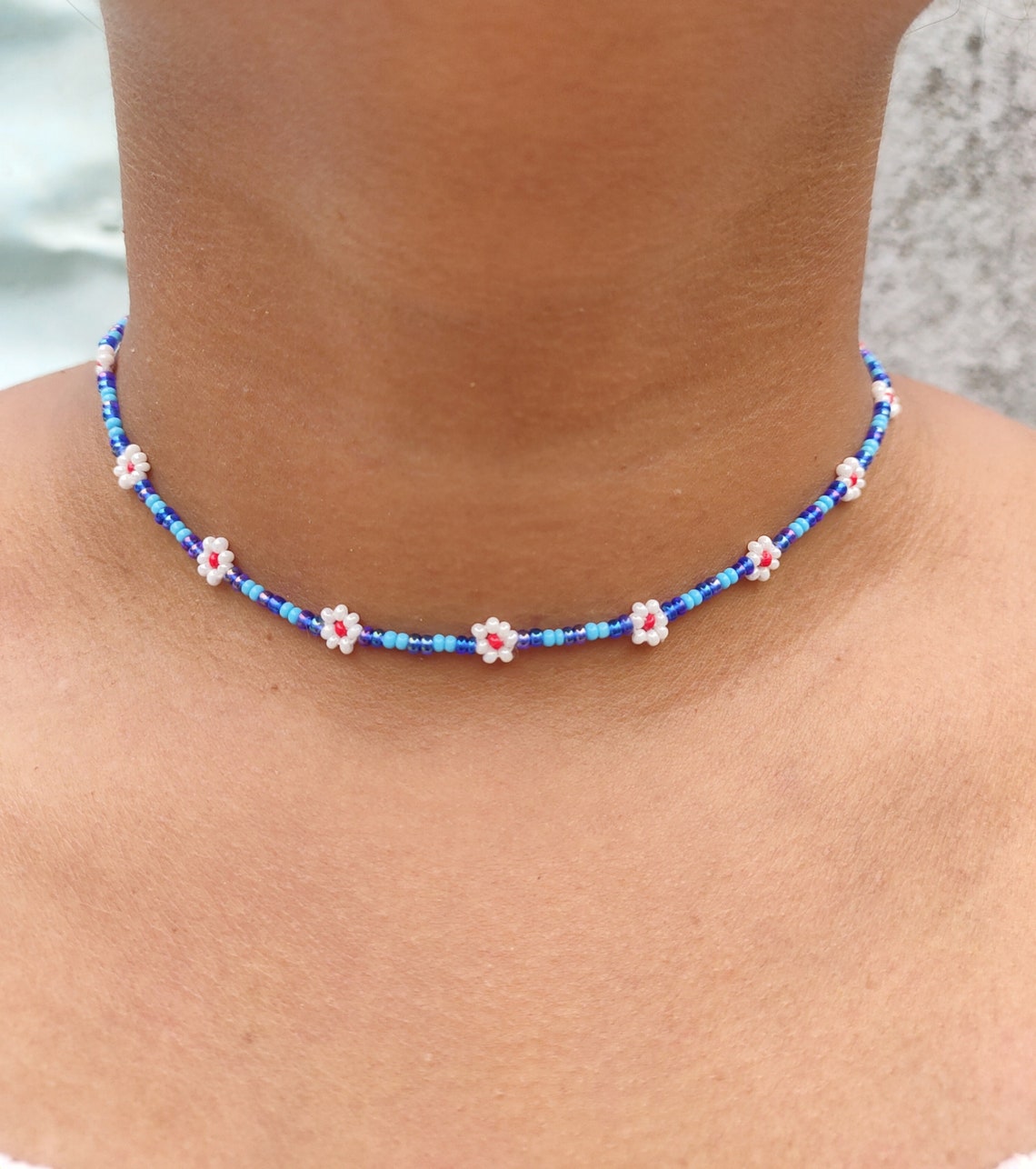 Blue With White Daisy Flower Colorful Beaded Choker Necklace Etsy