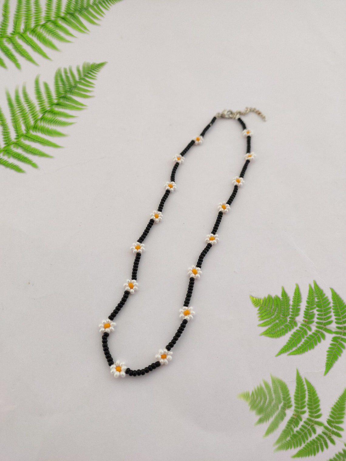 Black And White Daisy Flower Colorful Beaded Choker Necklace Etsy