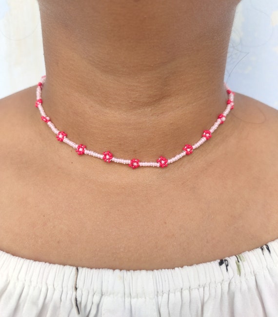 Pink Light Dark Daisy Flower Colorful Beaded Choker Necklace Etsy
