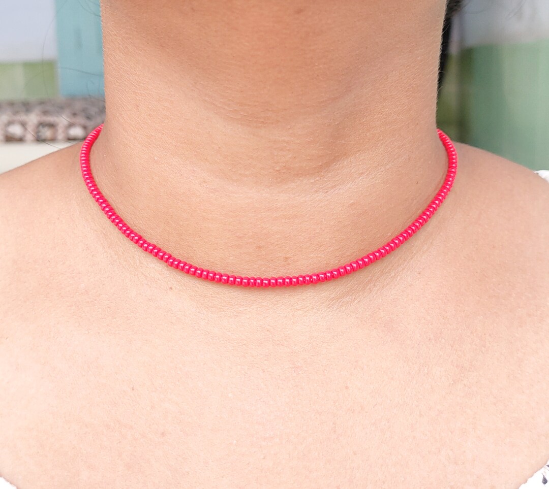 Red Color Seed Bead Necklace, Solid Color Beaded Choker, Summer Beaded ...