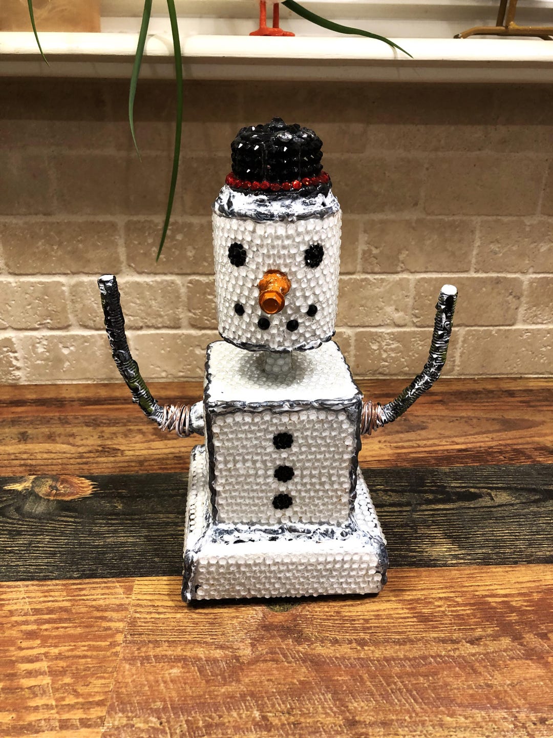 Welded Metal Robot Snowman Sculpture: Beaded Frost Face Artwork - Etsy