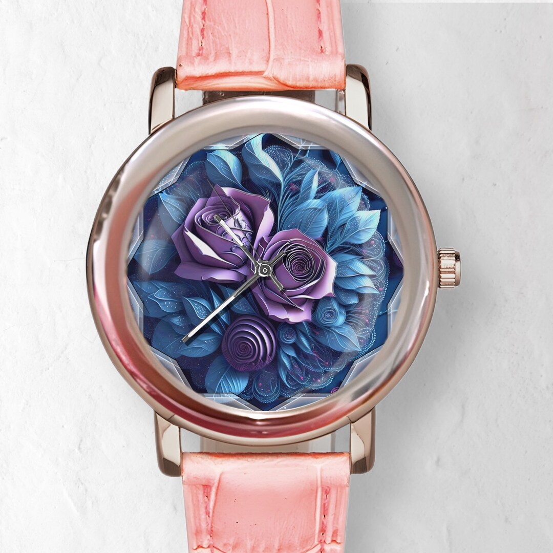 Purple Flower Wristwatch: Floral Print, Stainless Steel or Leather Band ...