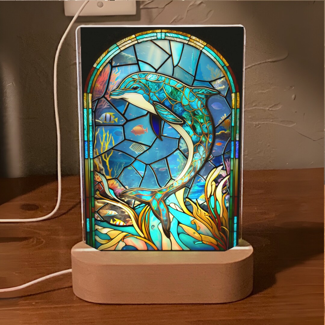 Dolphin Night Light, Stained Glass Dolphin, Acrylic Gift, Faux Stained ...