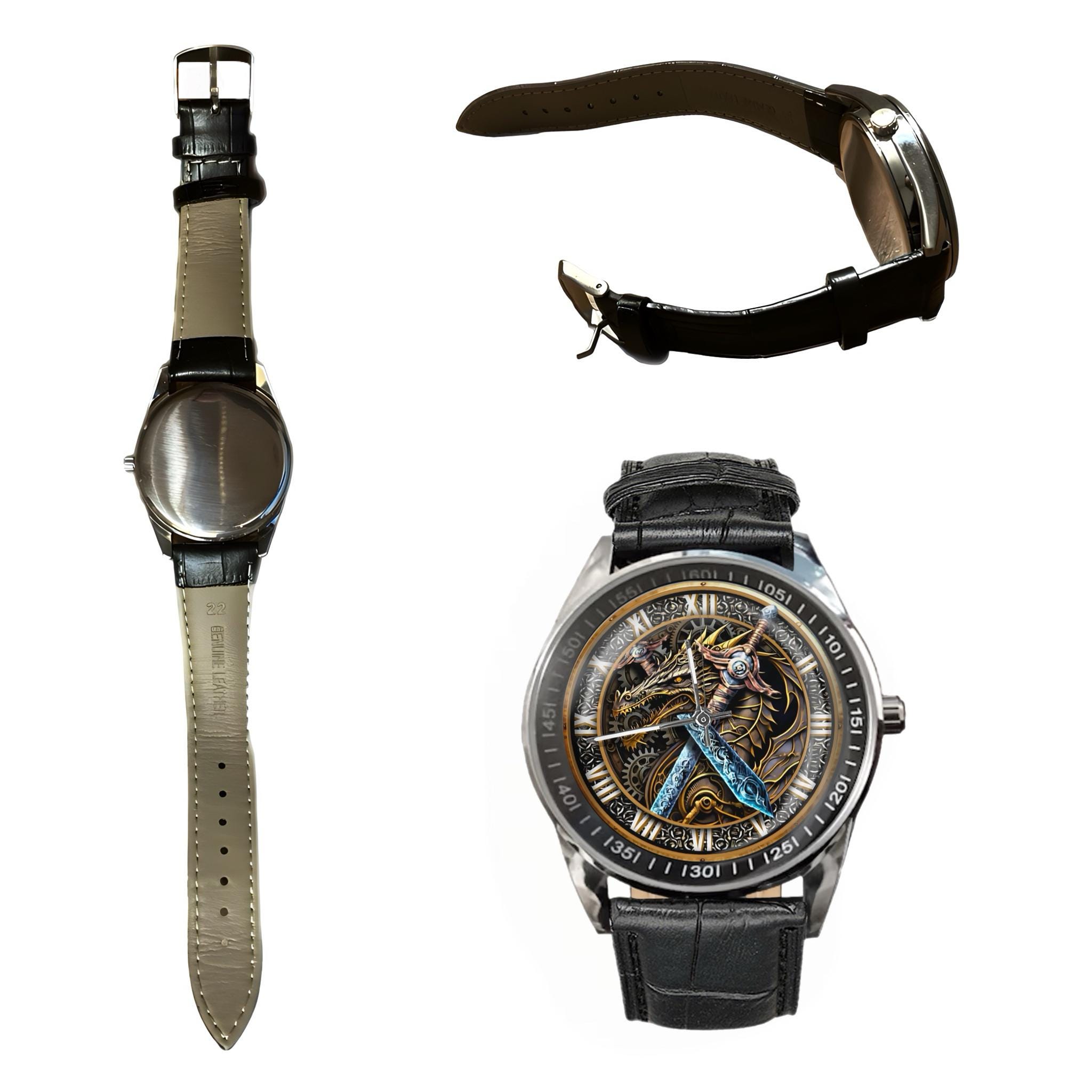 Dragon Sword Watch: Steampunk Viking Men's Wristwatch, Black Leather ...