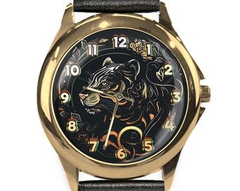 Tiger Face Watch: Gold or Silver Finish, Leather Band - Etsy