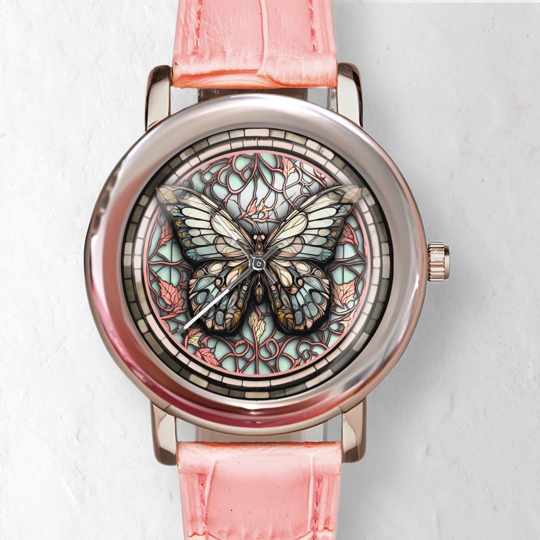 Watches for Women, Pink Watch, Butterfly Watch, Faux Stained Glass Dial ...