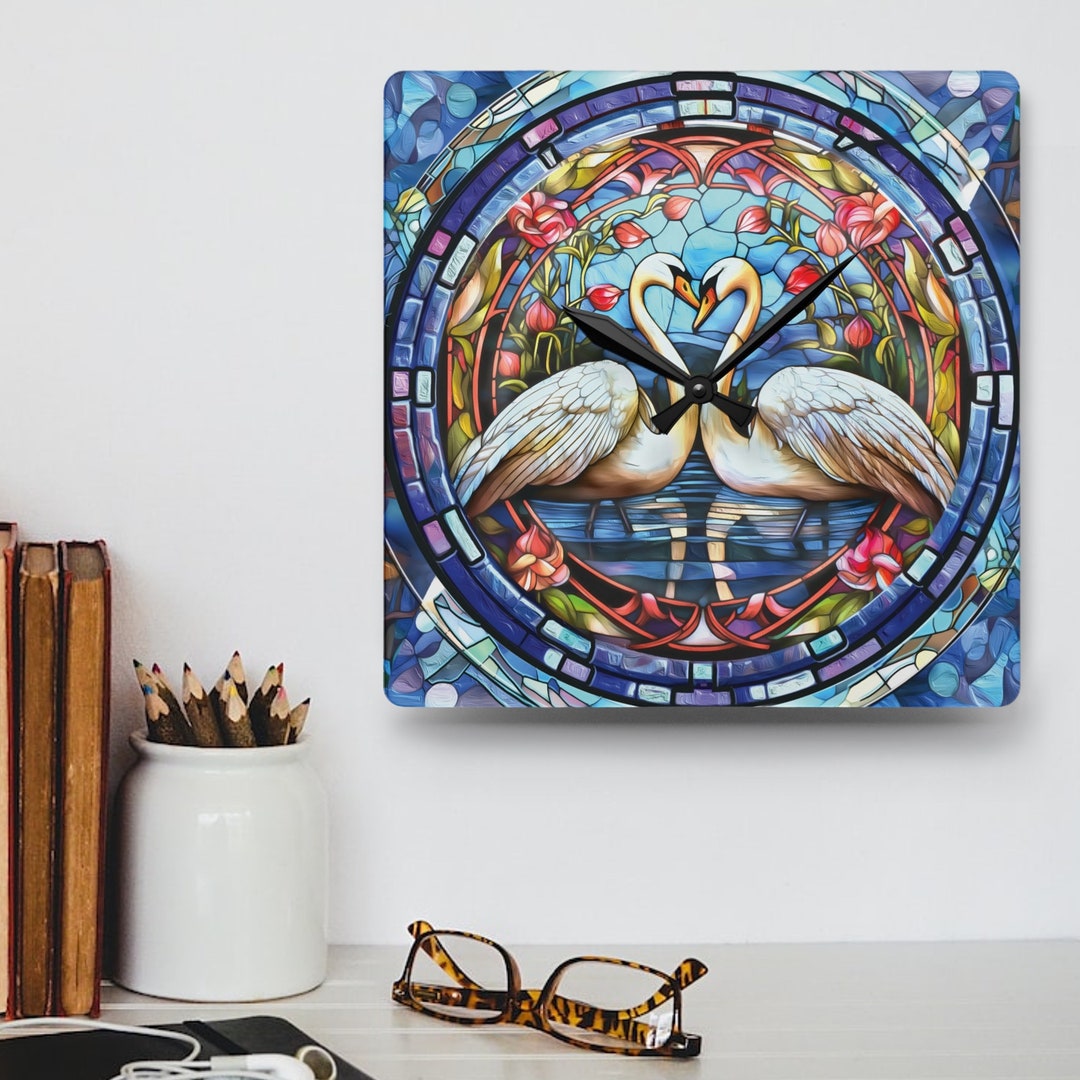 Swan Clock, Stained Glass Clock, Acrylic Wall Clocks, Swans in Love ...