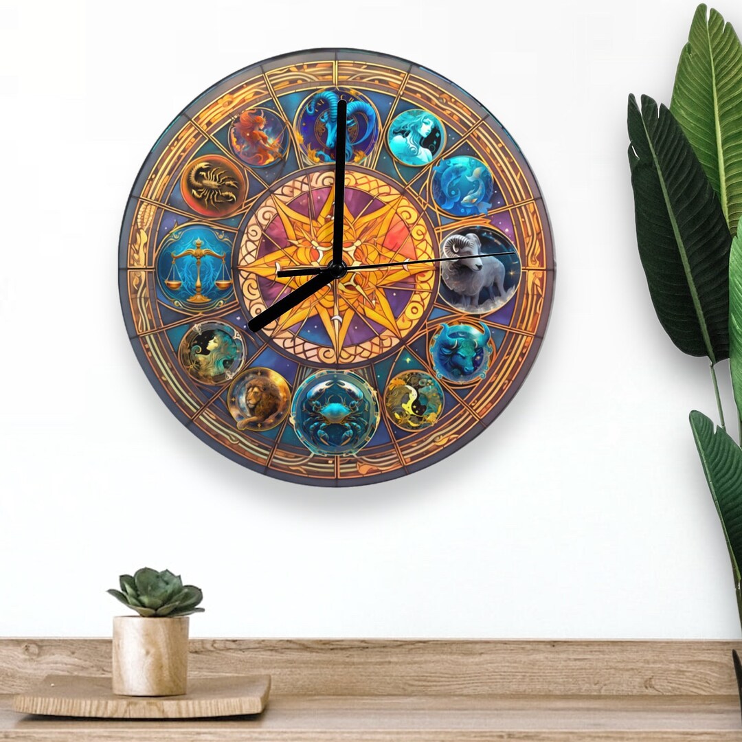 Zodiac Wall Clock, 12 Month Clock Face, Wooden Wall Clock, 12 Signs ...