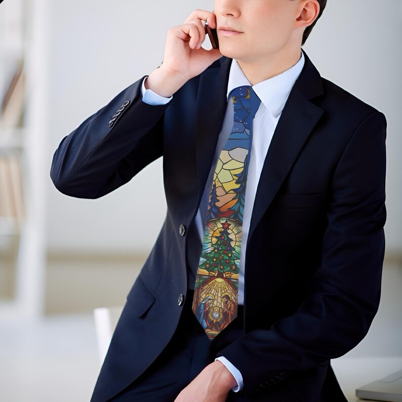 Nativity Christmas Necktie, Stained Glass Tie, Holiday Party Ties for ...