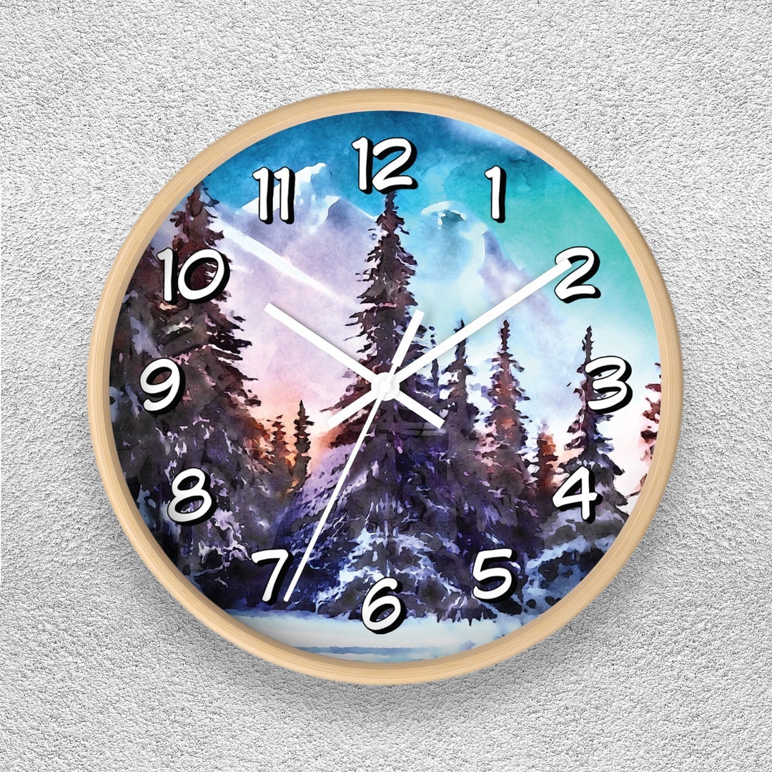 Watercolor Pine Trees Clock, Pine Tree Decor, Winter Mountain Clock ...