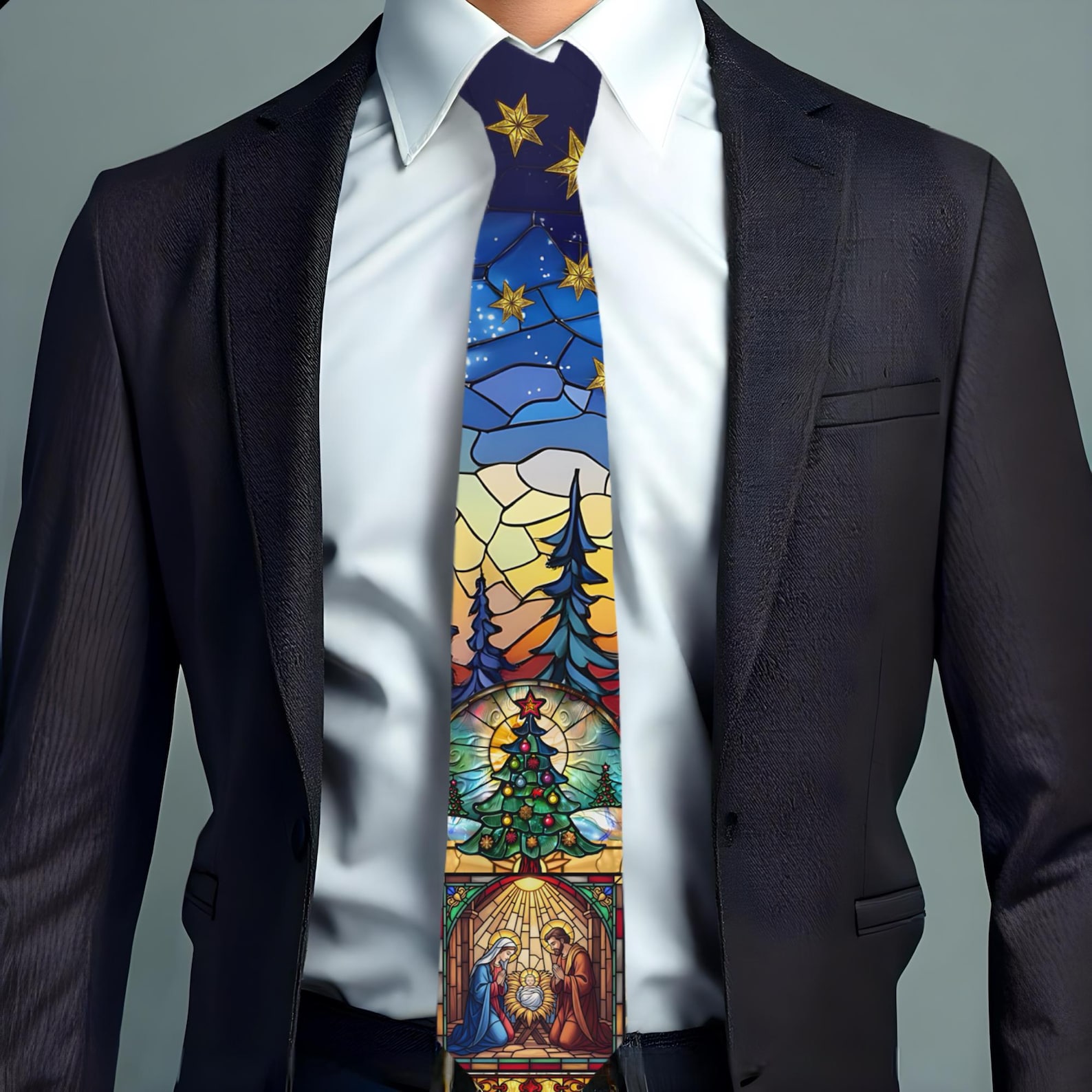 Nativity Christmas Necktie, Stained Glass Tie, Holiday Party Ties for ...