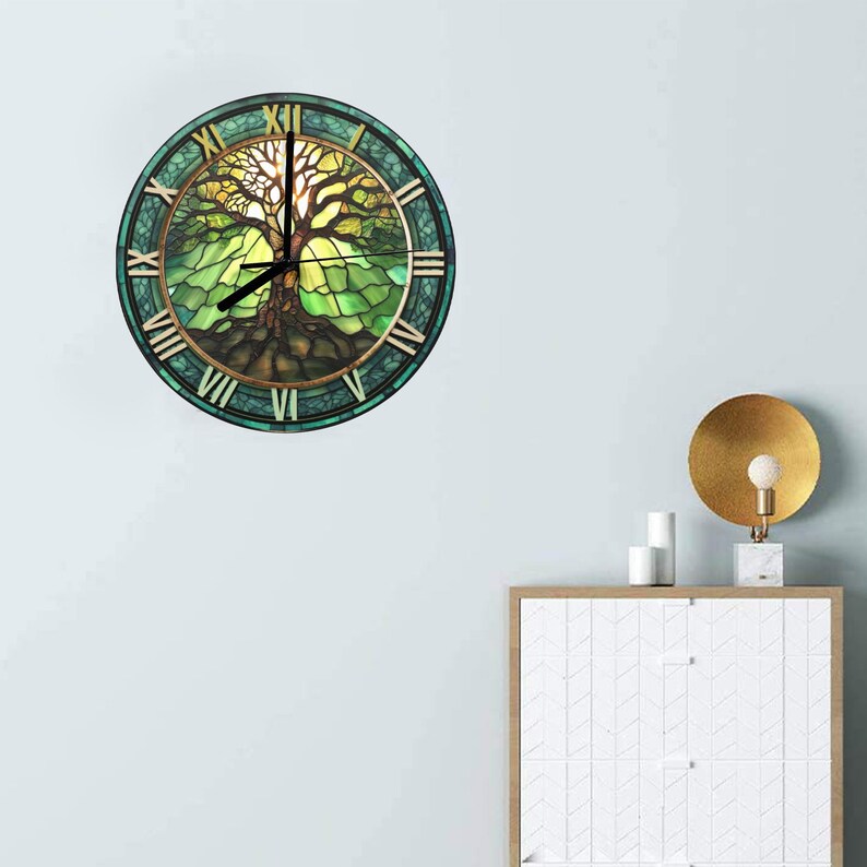 Tree of Life Clock, Faux Stained Glass, Green Roman Numeral Wooden ...