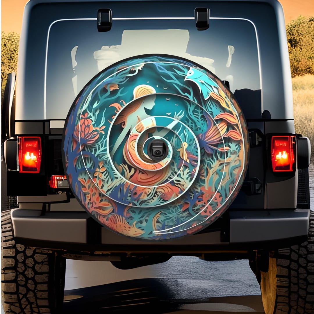 Mermaid Tire Cover, Beach Trip Decor, Abstract 3D Art Effect, Ocean ...