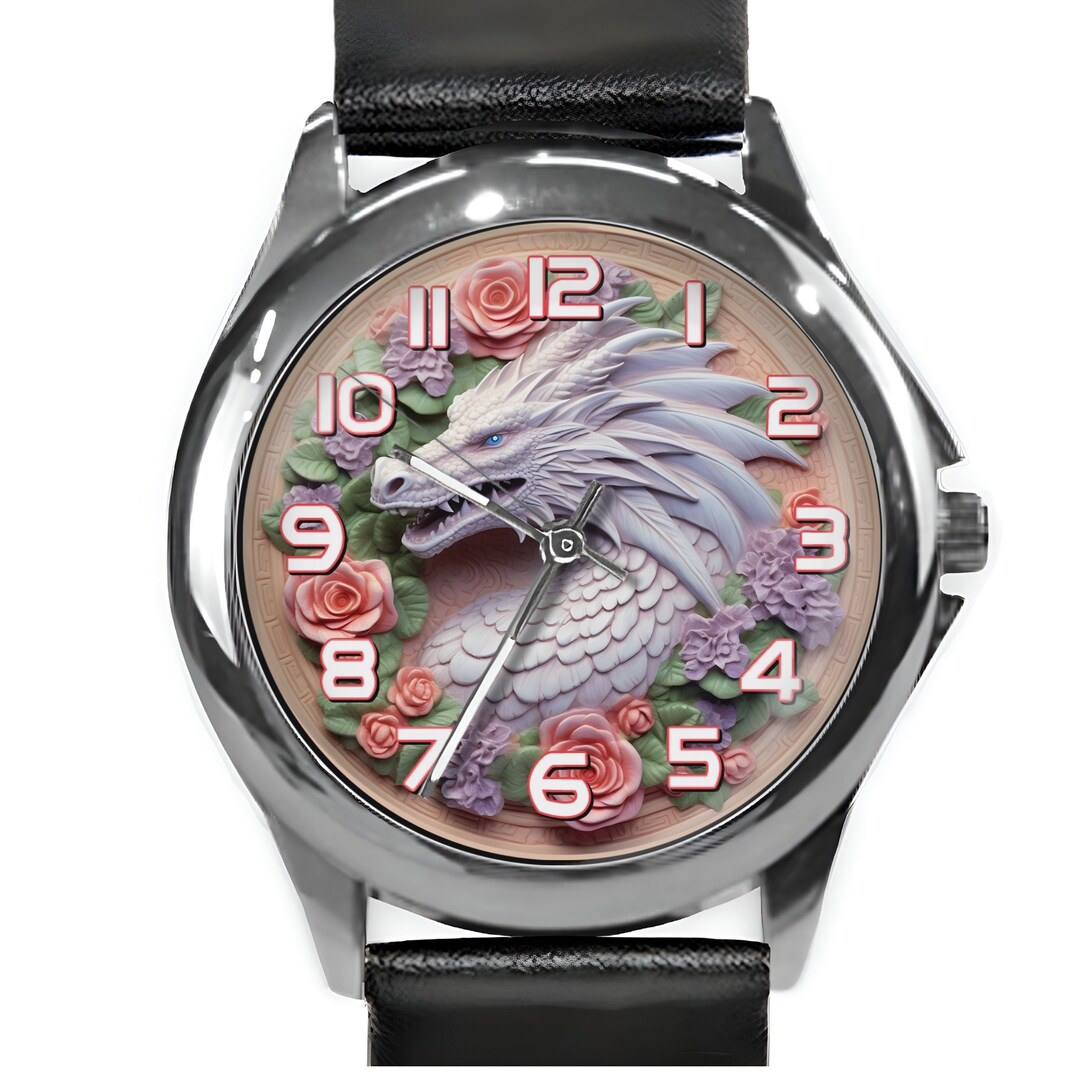 Dragon Watch: Floral Fantasy, Leather or Steel Band Handmade Stainless ...