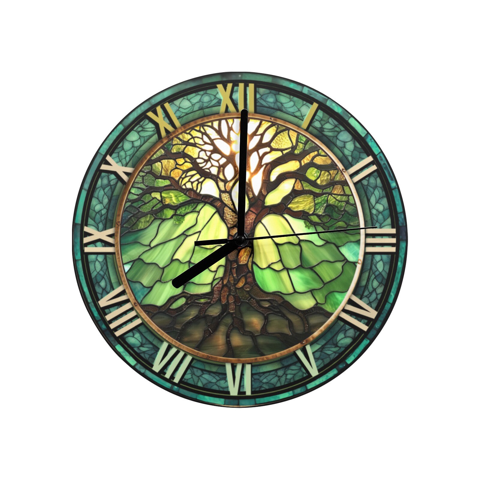 Tree of Life Clock, Faux Stained Glass, Green Roman Numeral Wooden ...