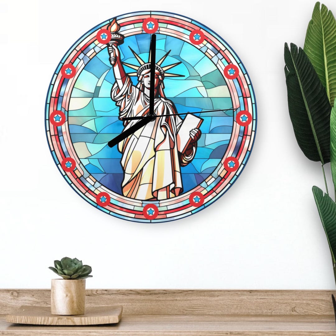 American Clock, Stained Glass Style, Wooden Wall Clock, Statue of ...