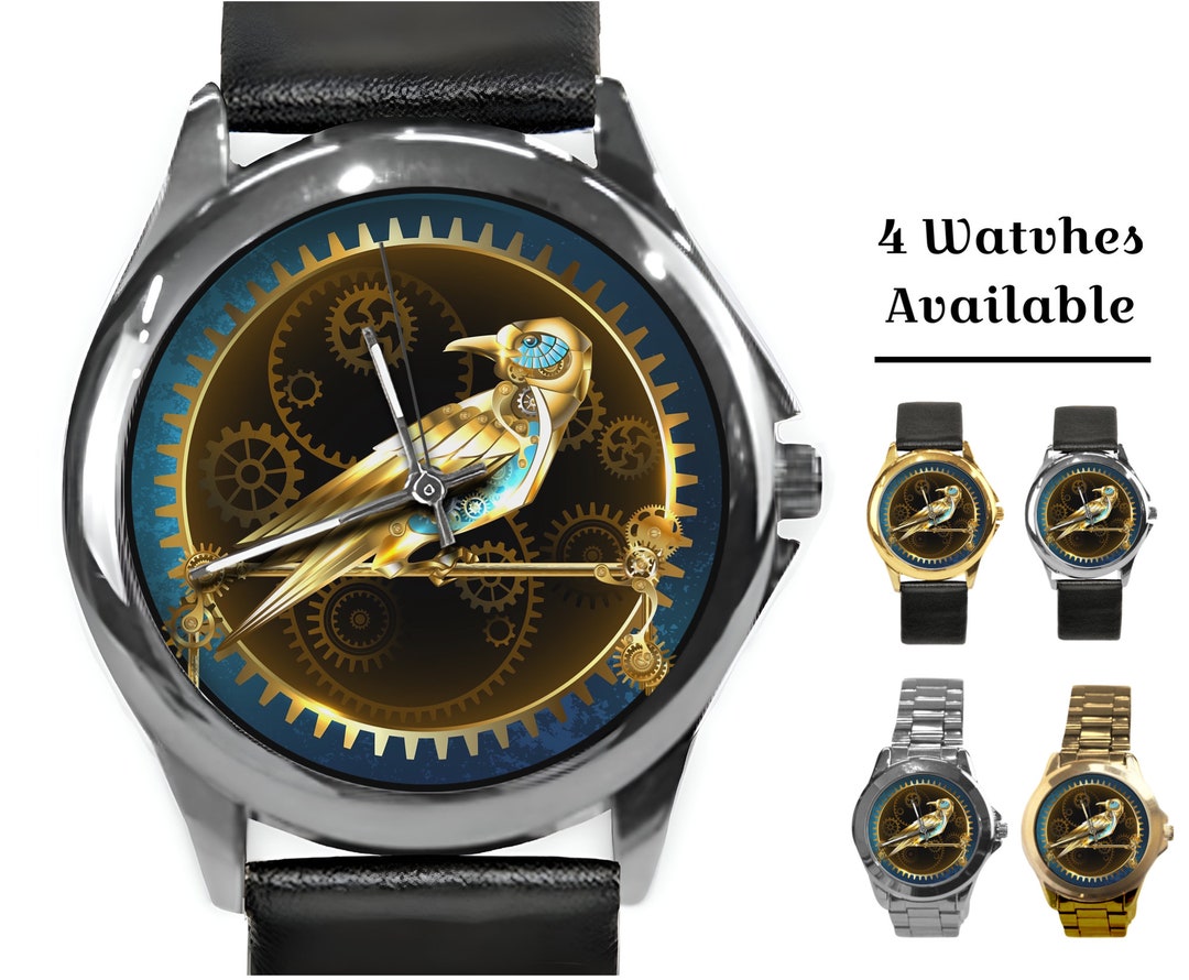Steampunk Bird Watch: Gold Plated Digital Art Wristwatch Handmade ...