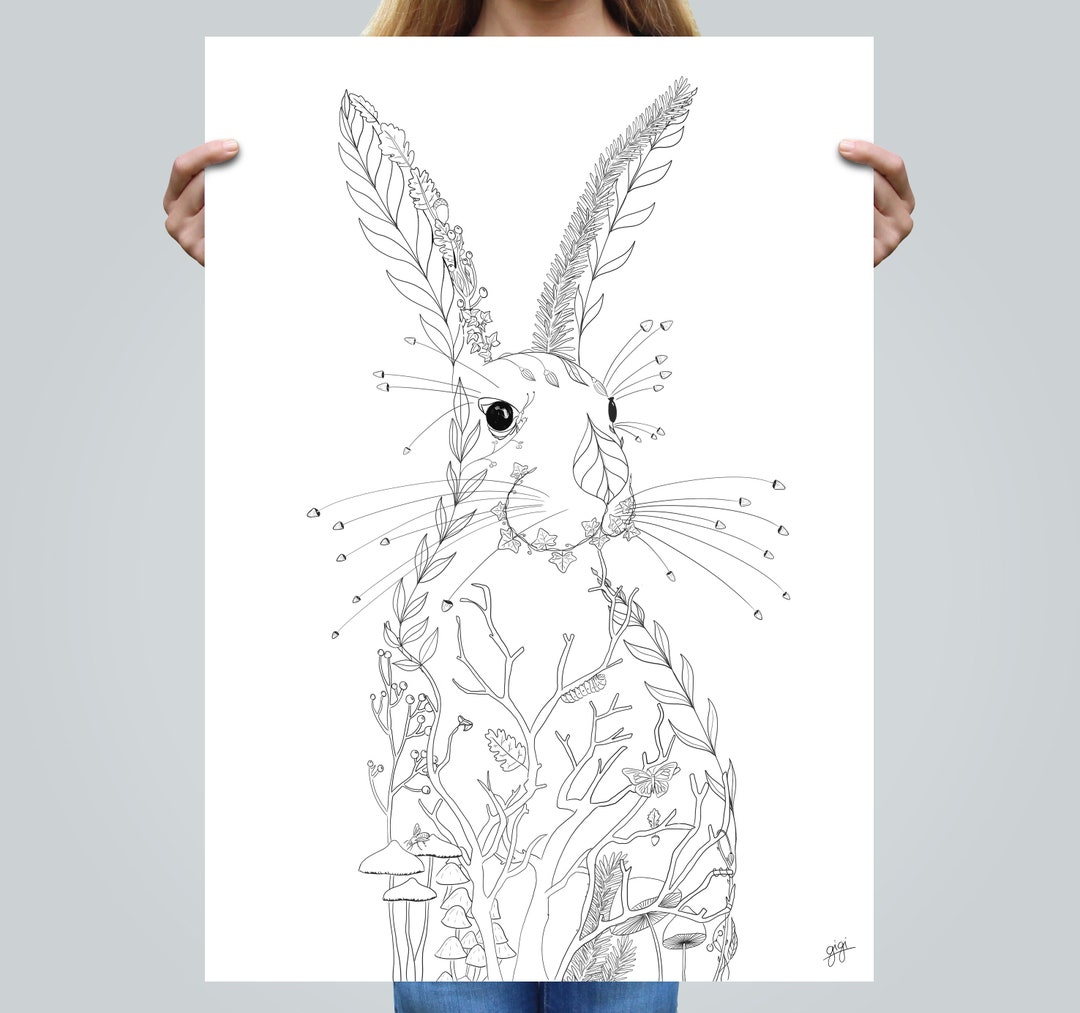 Hare Art Print, Floral Rabbit Illustration Print, Hare Ink Print ...