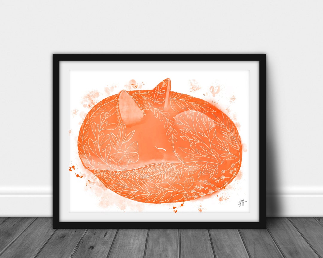 Sleeping Fox Art Print, Floral Fox Illustration Print, Fox Ink Print ...