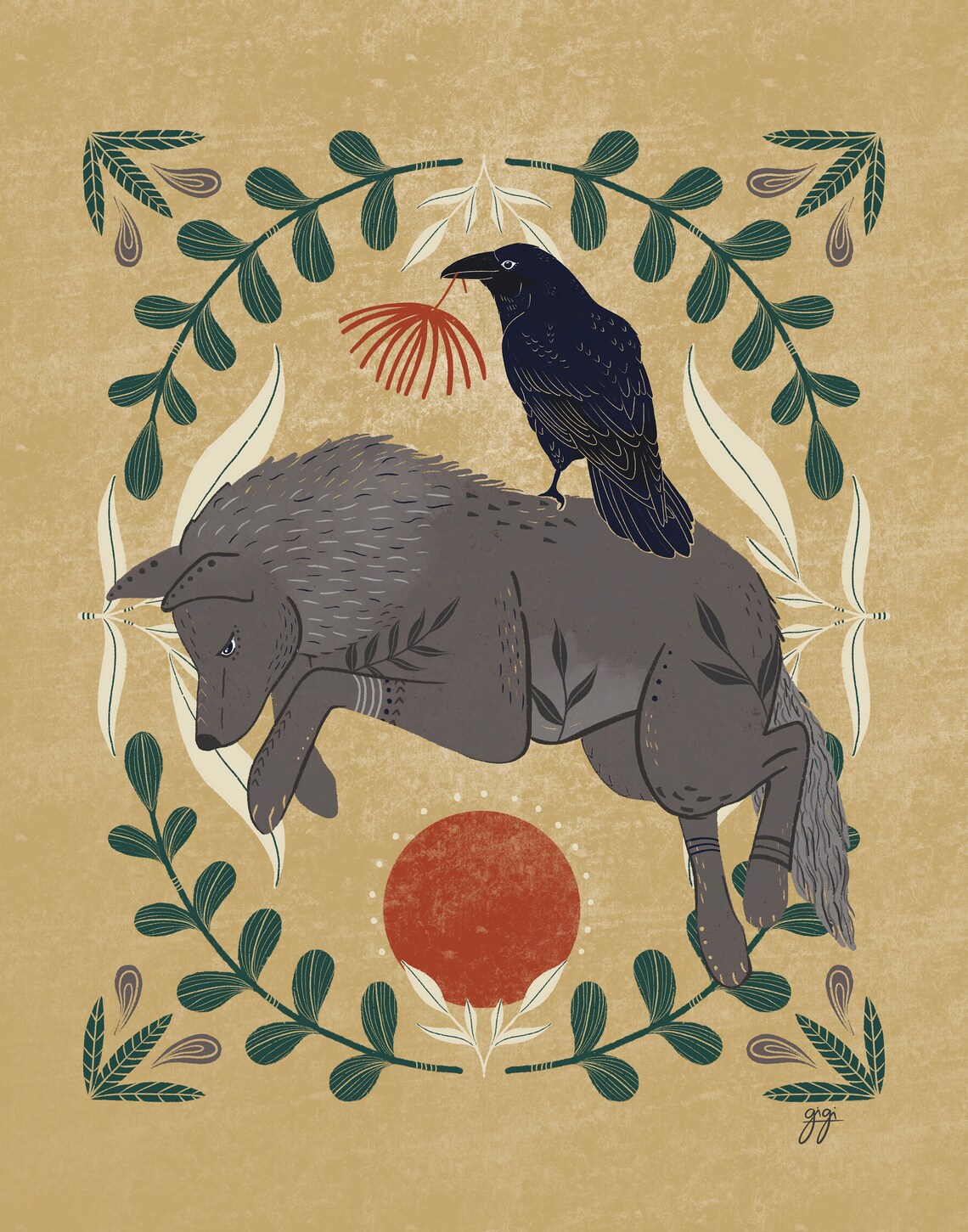 Wolf and Crow Spiritual Art Print, Floral Wolf Illustration Print ...