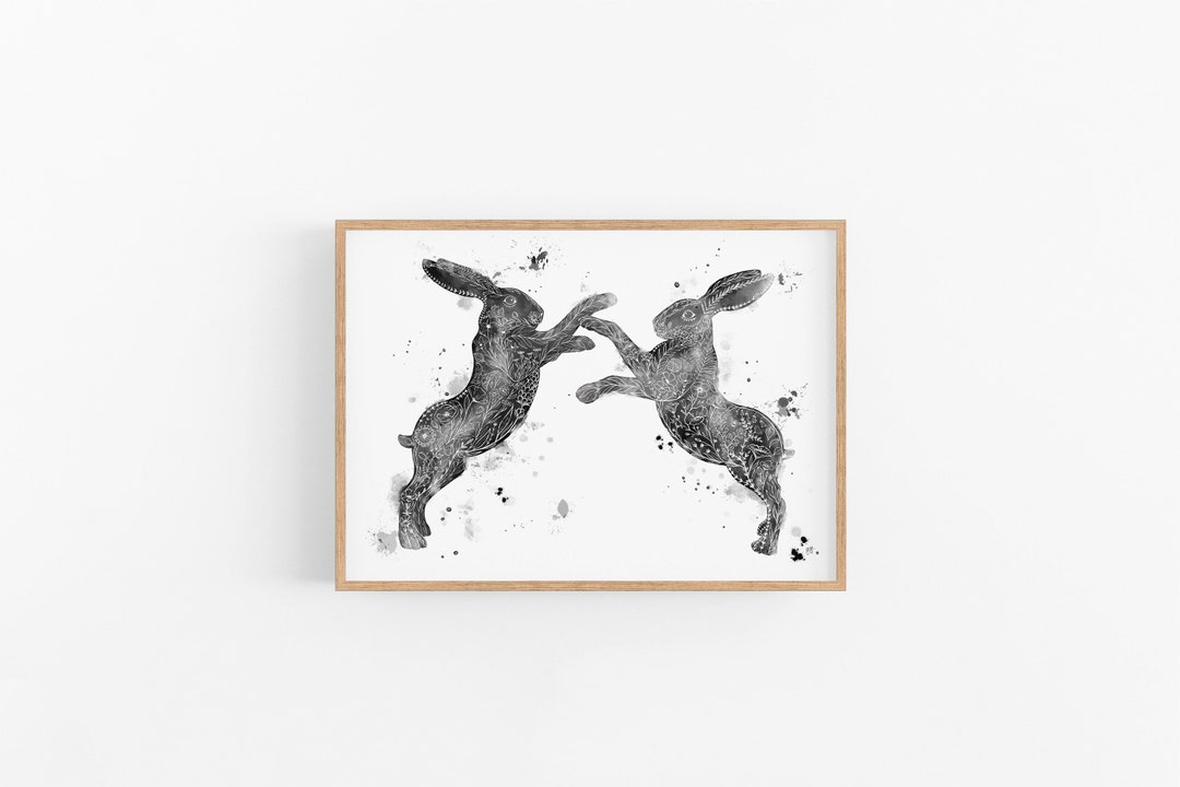 Fighting Hares Art Print, Floral Rabbit Illustration Print, Hare Ink ...